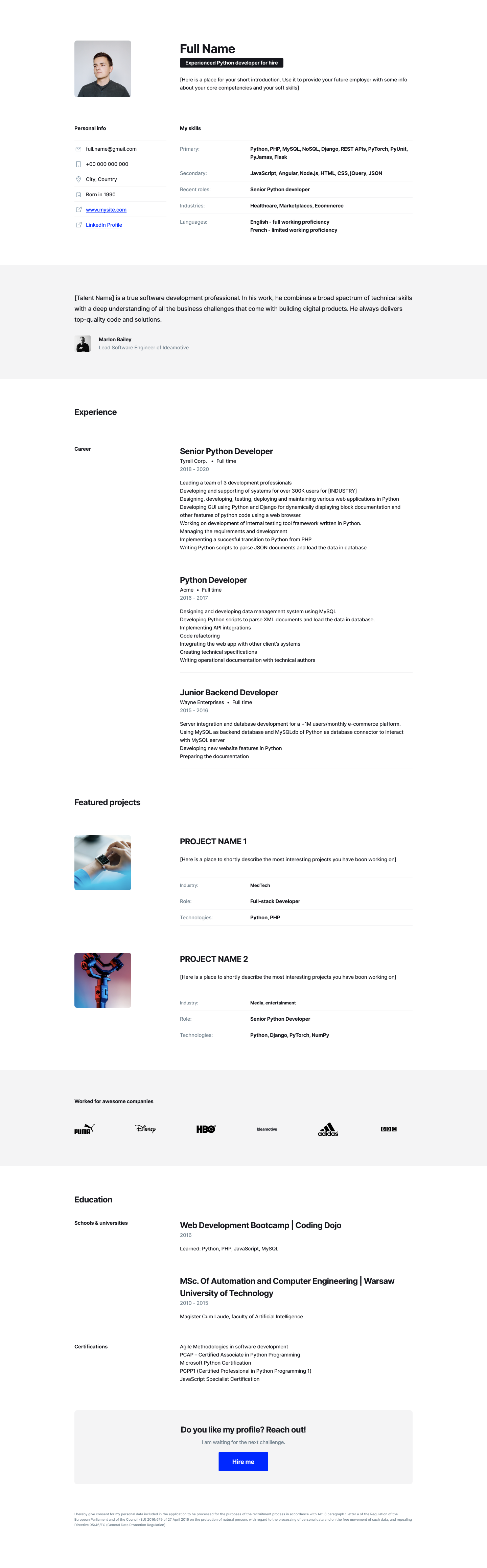 Free Python Developer Resume Template